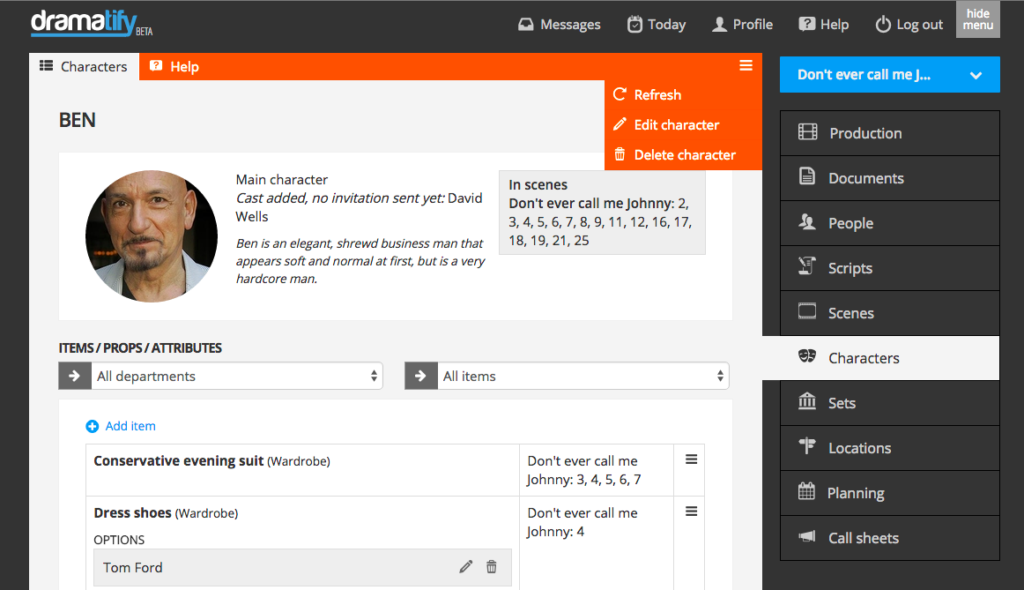 characters and cast-Dramatify production management for TV & Film.