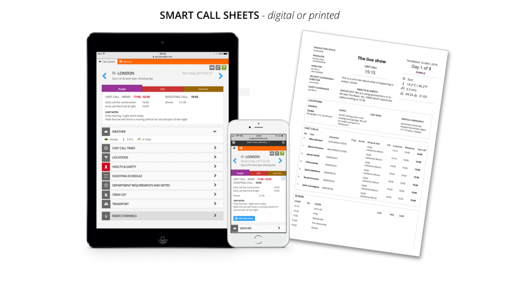 Call sheets for TV, film, drama, entertainment, TVC, commercials ...