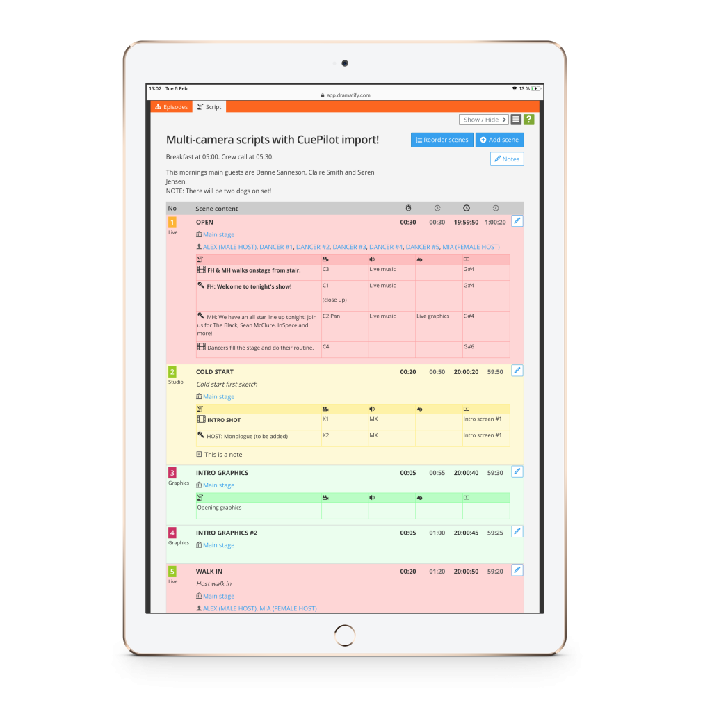 Multi-camera script & rundown • Dramatify